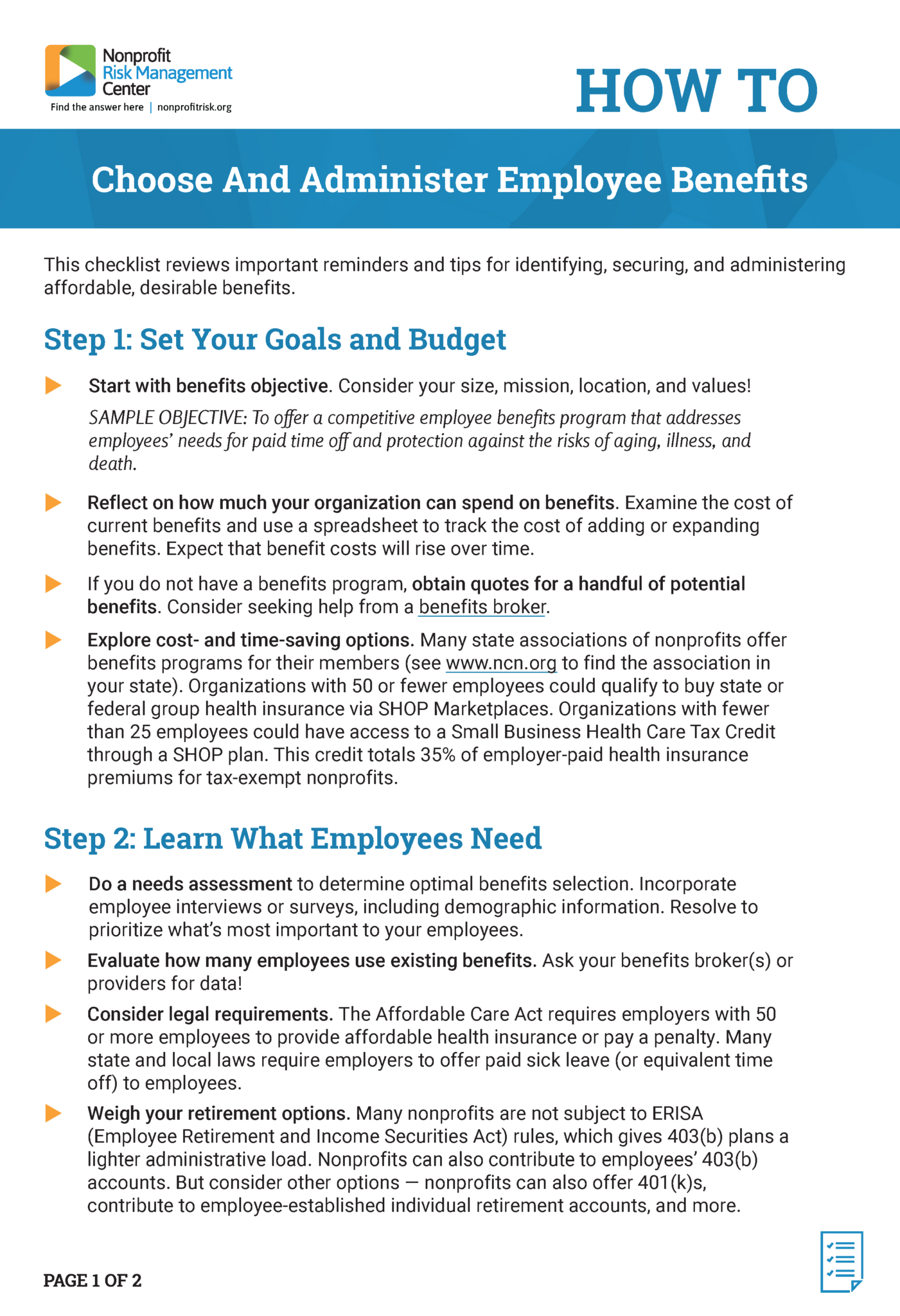 How To: Choose and Administer Employee Benefits | Nonprofit Risk Management Center